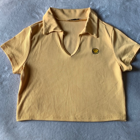 Tops | Yellow Crop Top With Smilie Face | Poshmark